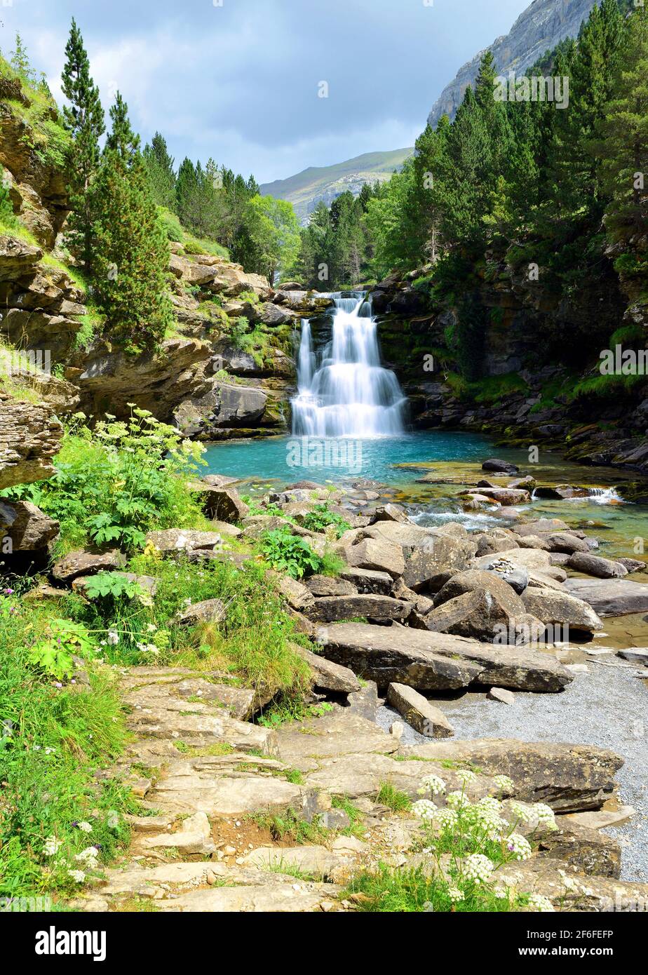 Waterfall in Ordesa and Monte Perdido National Park. Pyrenees mountain ...