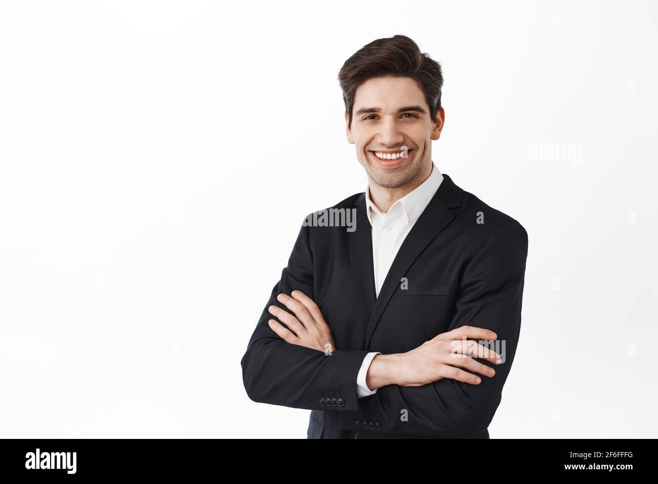 Determined company owner, businessman in suit cross arms on chest ...