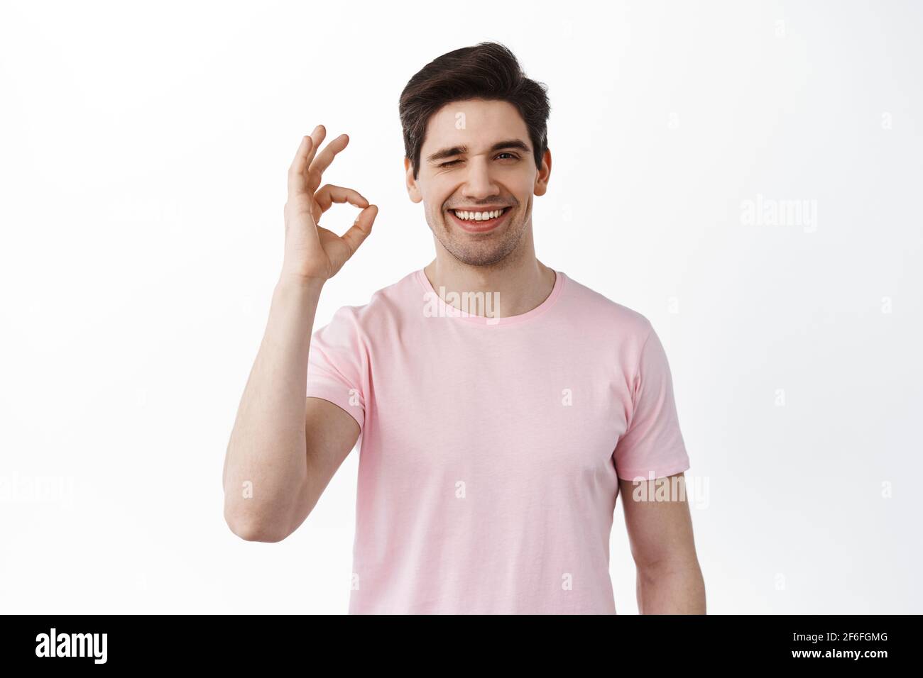 You got this, very well. Smiling handsome man wink and show okay sign ...