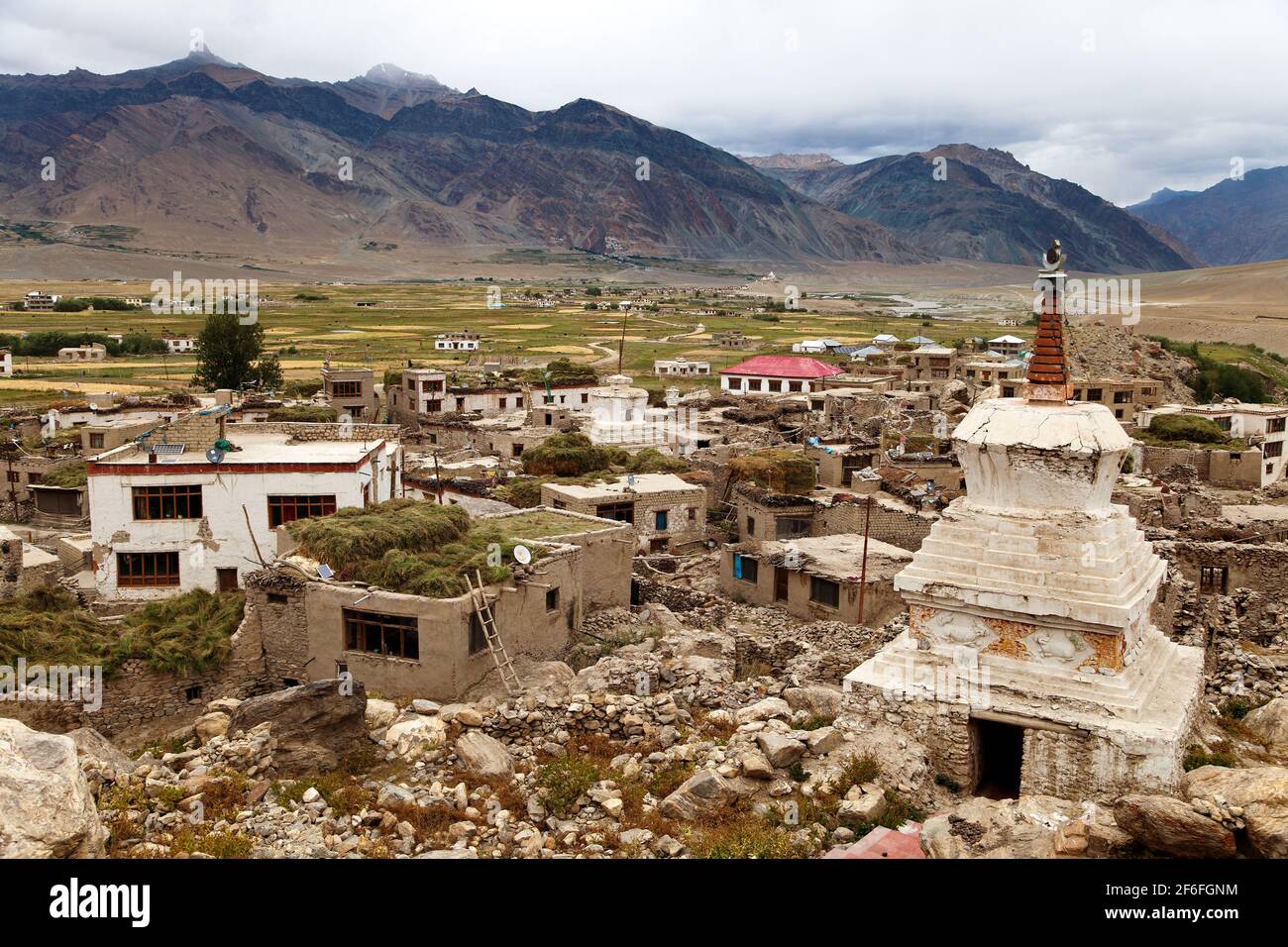 View of Stupa in Padum village Zanskar river and Padum monastery ...