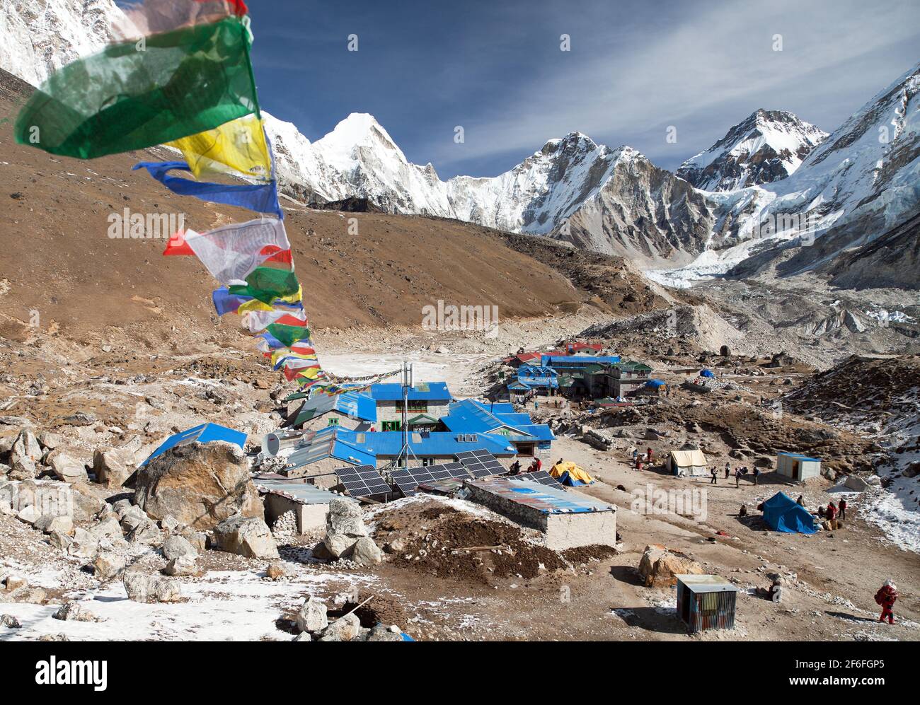 Gorak Shep village with prayer flags, way to Kala Patthar and Mount ...