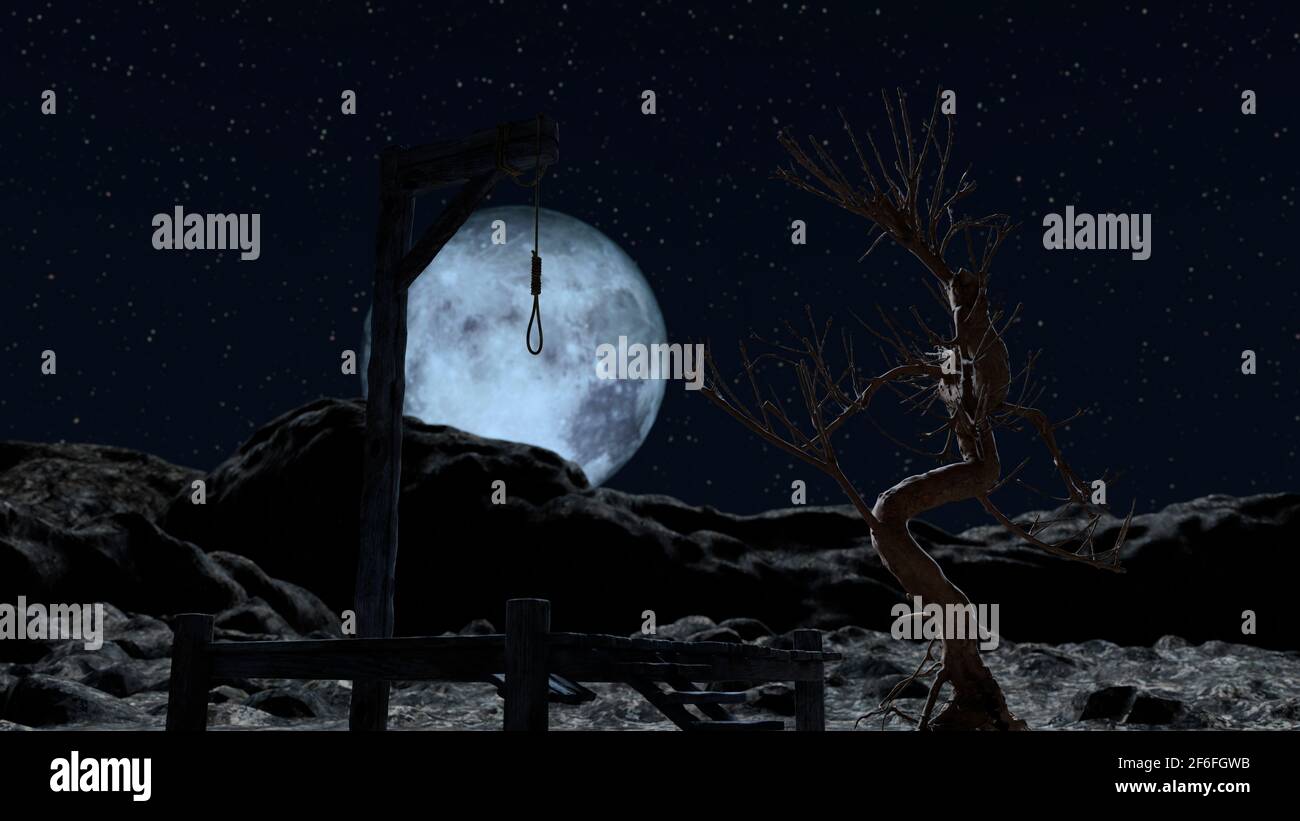 Gallow at a spooky night with blue full moon - 3d rendering Stock Photo ...