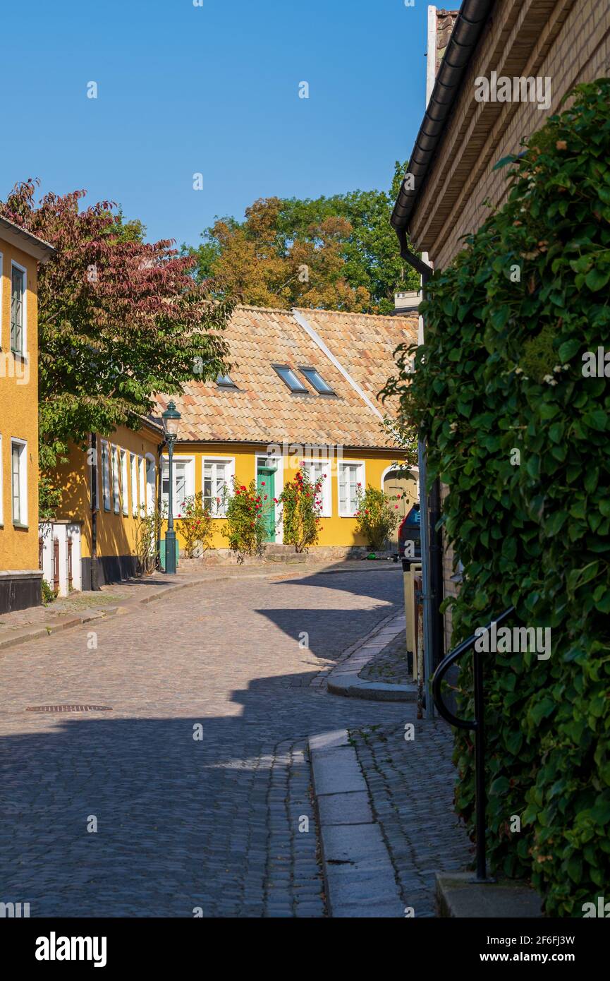 Yellow townhouses along a cobblestone street in the idyllic medieval ...