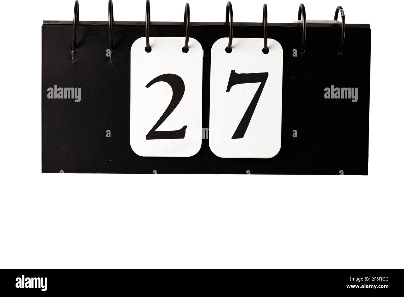 Close up view of calendar with selected date 27 isolated on white ...