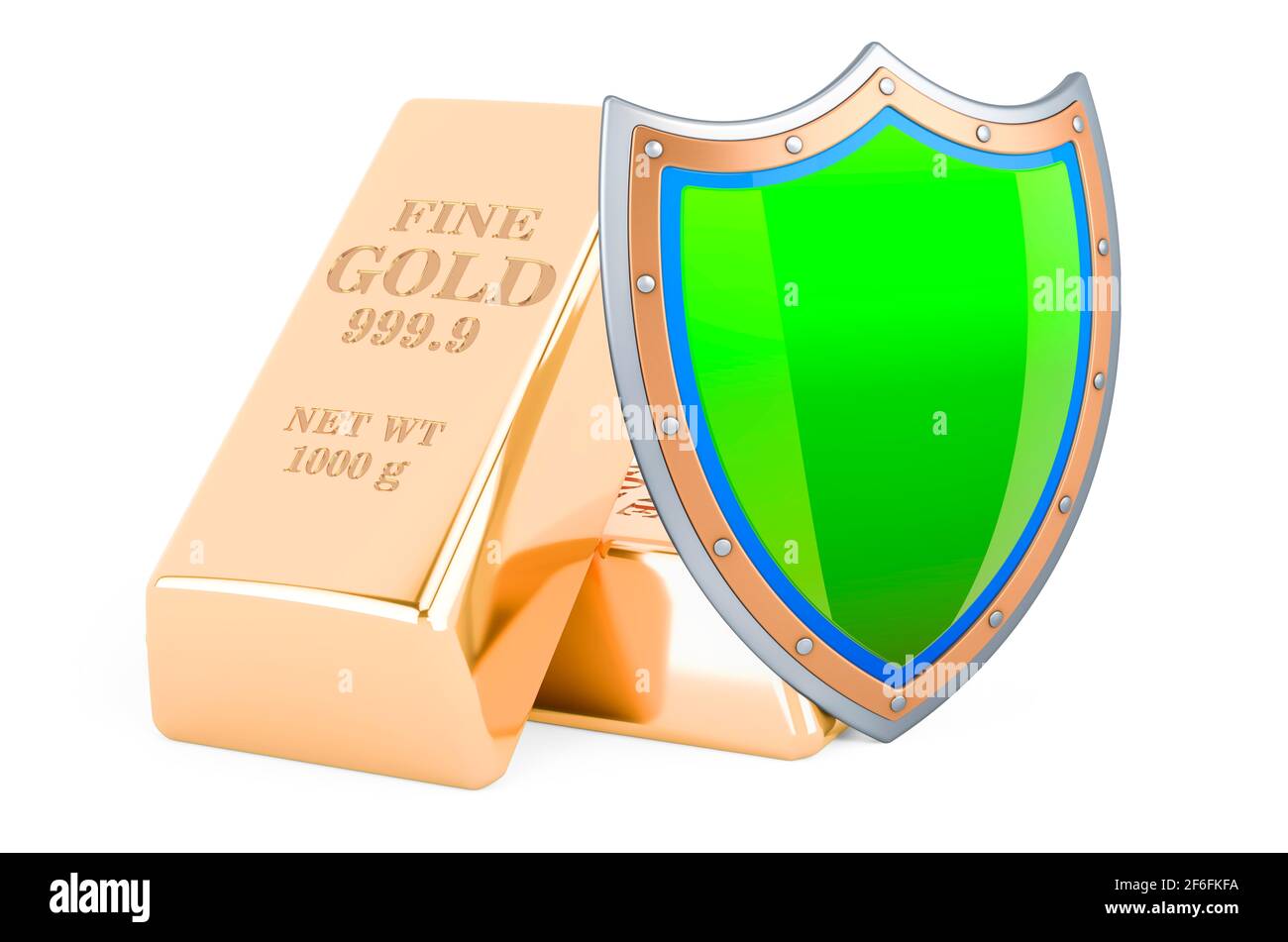 Golden ingot with shield, 3D rendering isolated on white background ...