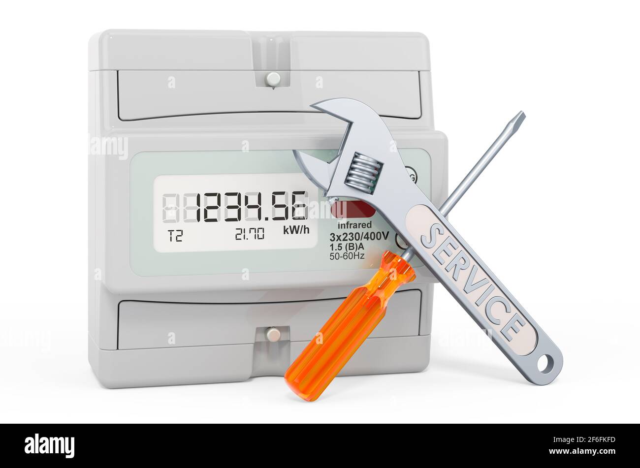 Service and repair of electric meter. 3D rendering isolated on white ...
