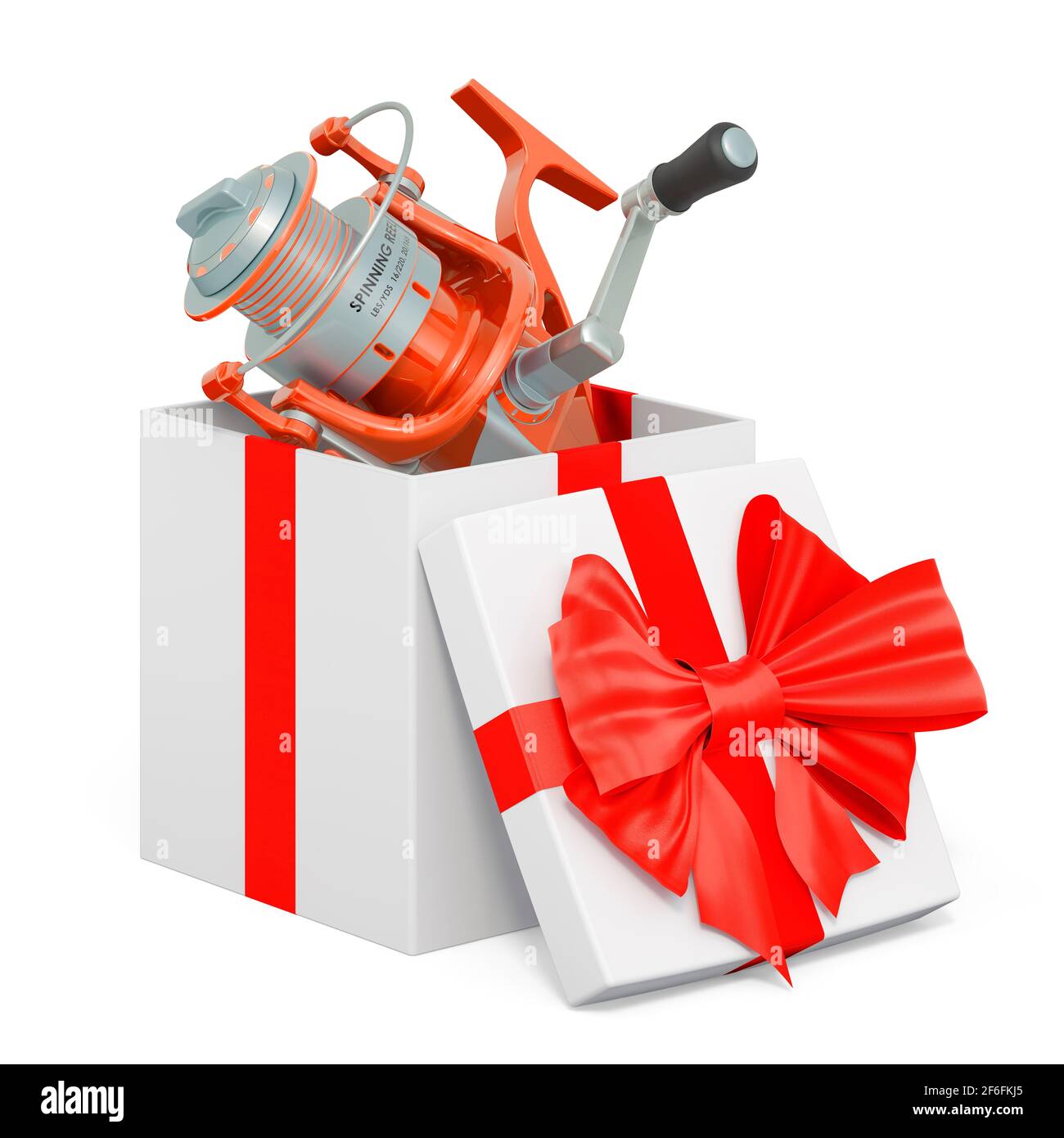 Spinning reel inside gift box, present concept. 3D rendering isolated ...