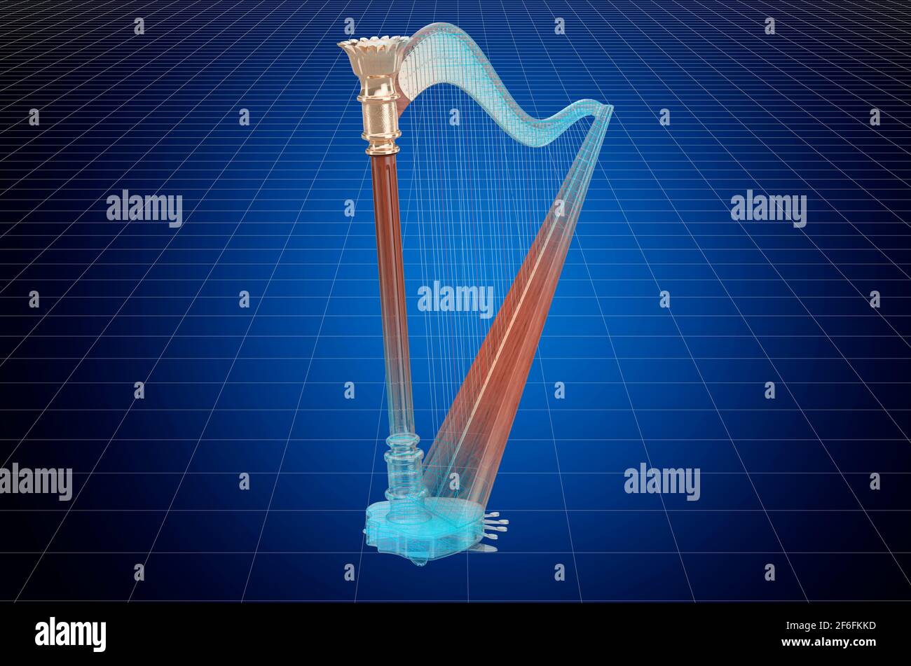Visualization 3d cad model of harp, lyre, blueprint. 3D rendering Stock ...