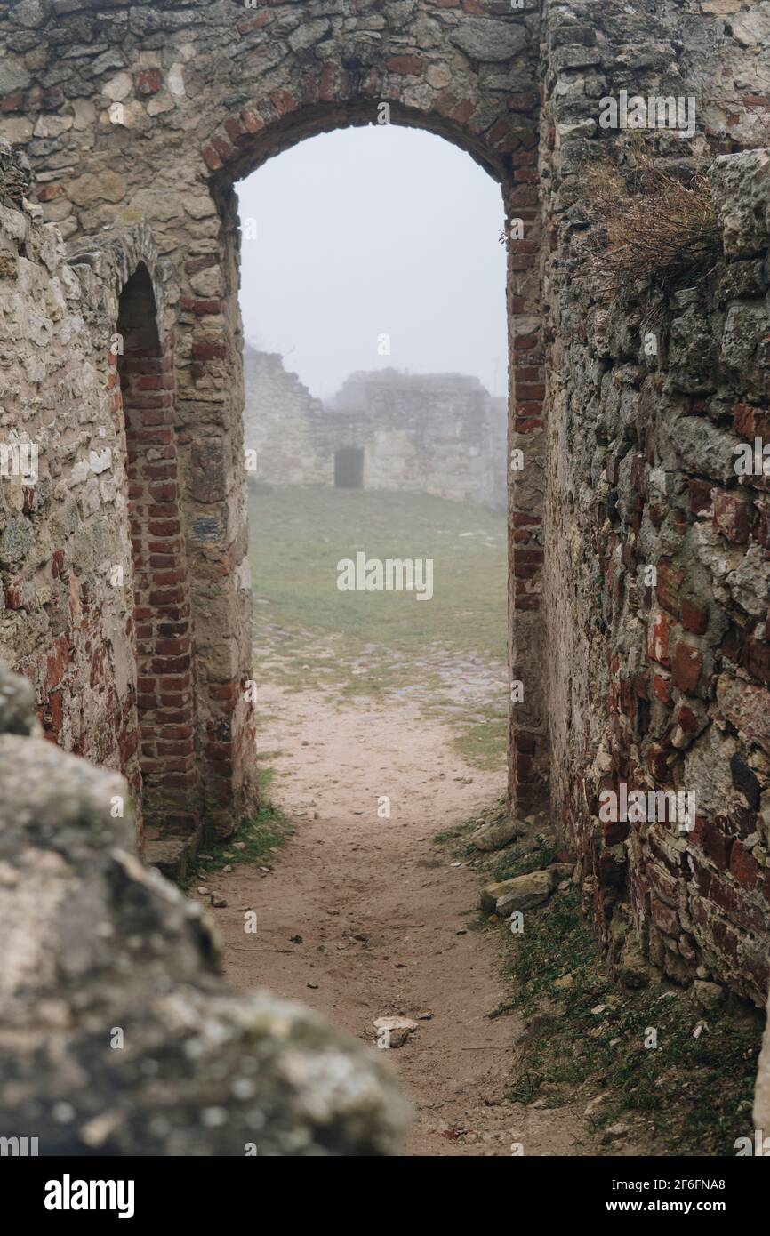 old medieval castle ruins in city of Ilza in Poland partially covered ...