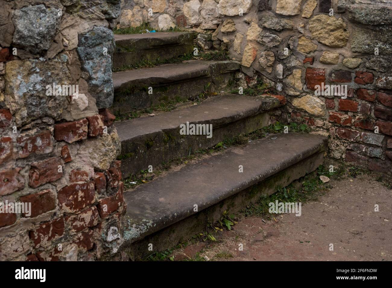 detail of stairs of old medieval castle in the city of Ilza in Poland ...
