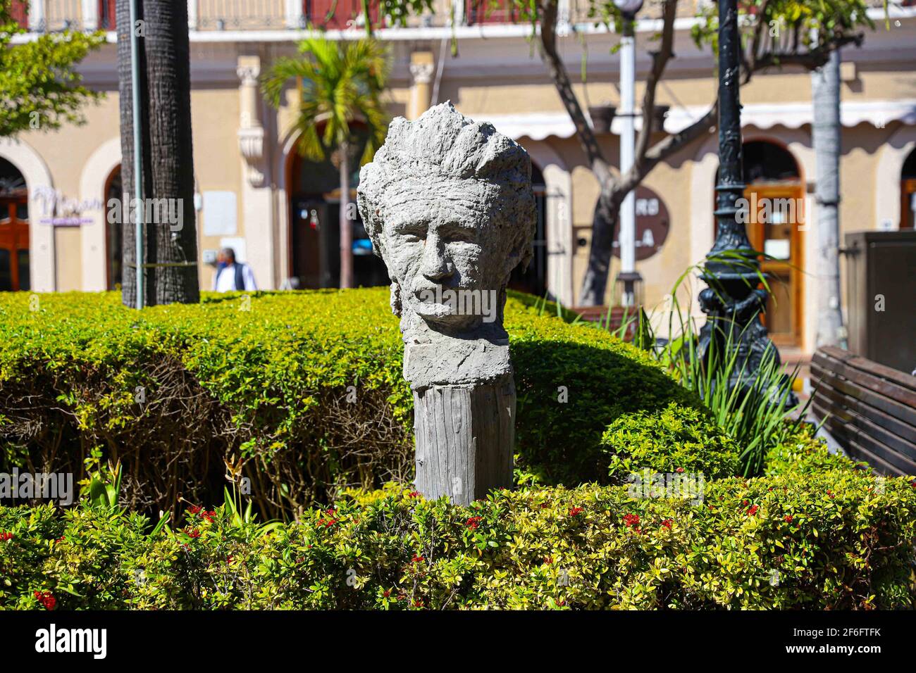 Albert Einstein, stone bust in the plaza in Mazatlan, Sinaloa. Machado ...