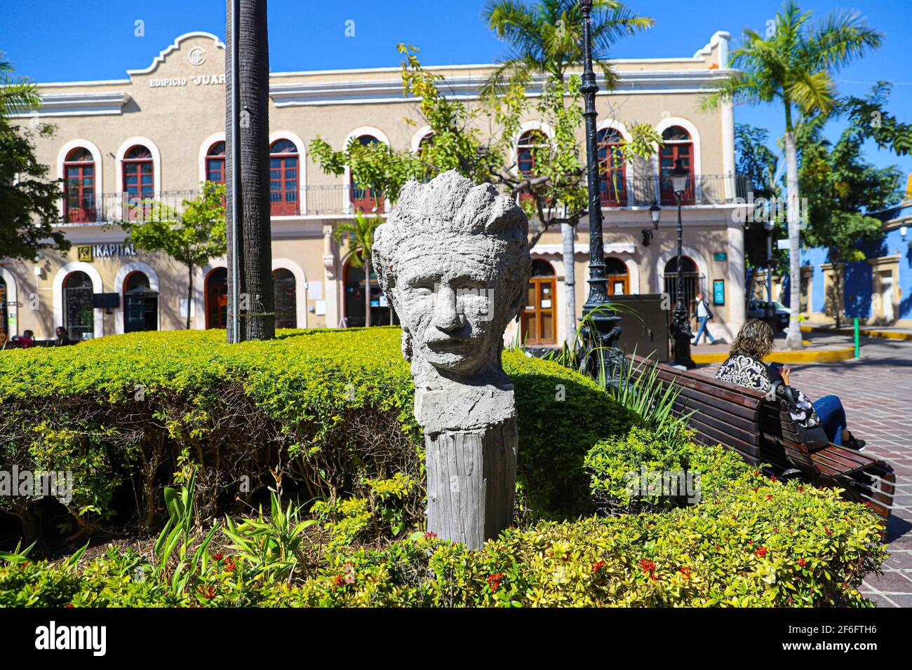 Albert Einstein, stone bust in the plaza in Mazatlan, Sinaloa. Machado ...