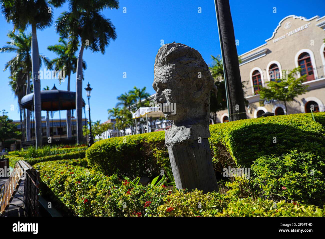Albert Einstein, stone bust in the plaza in Mazatlan, Sinaloa. Machado ...