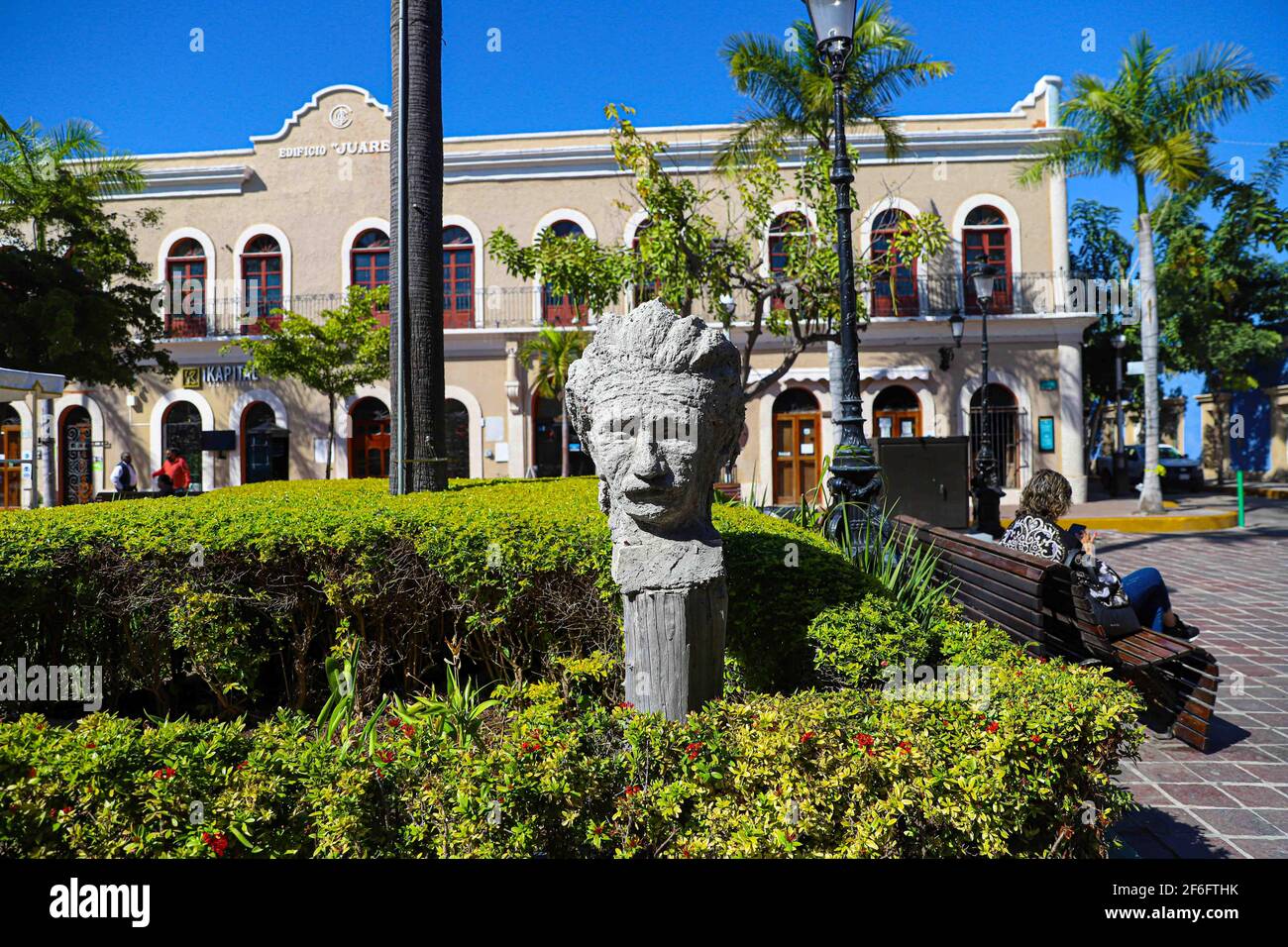 Albert Einstein, stone bust in the plaza in Mazatlan, Sinaloa. Machado ...