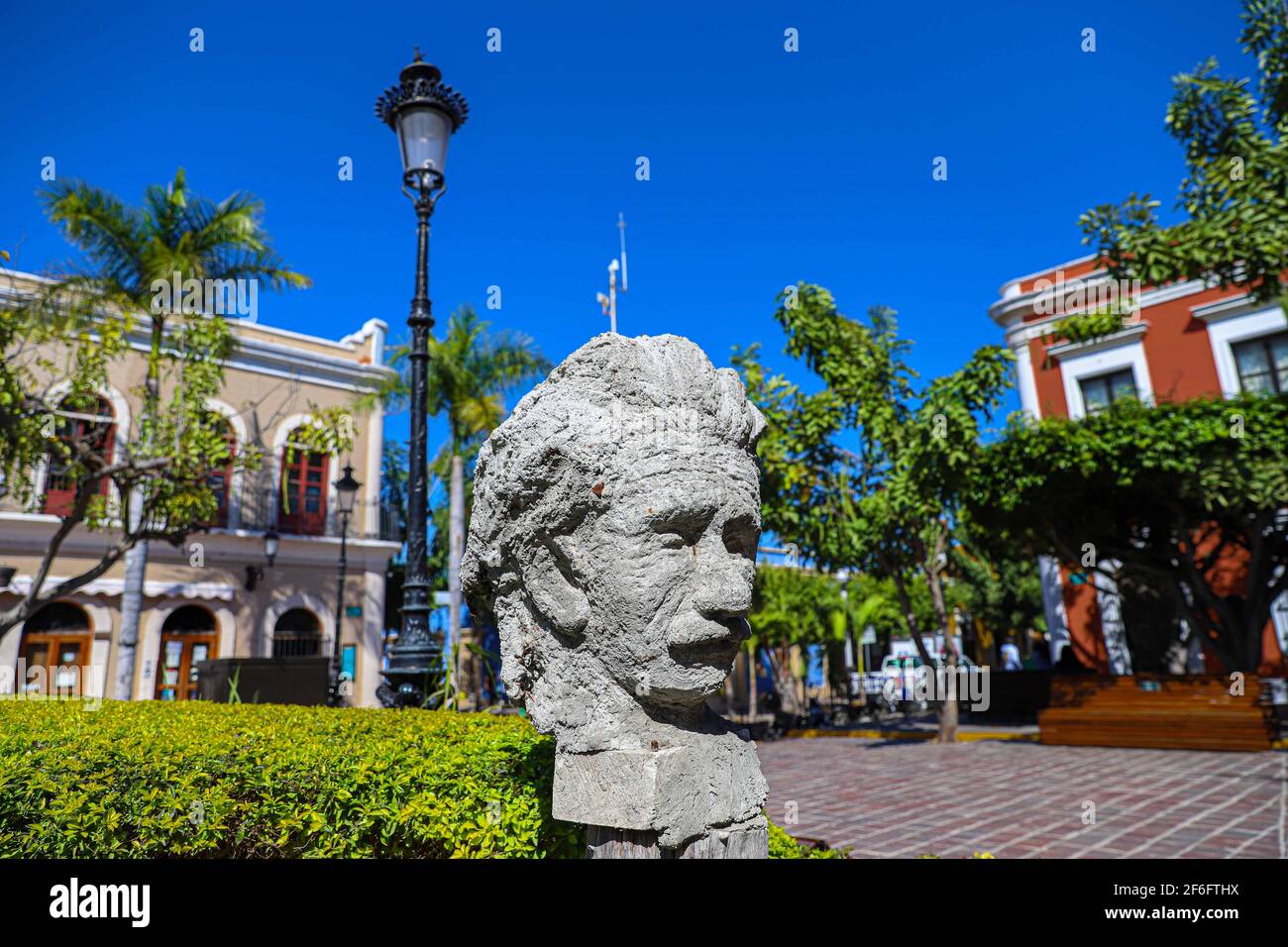 Albert Einstein, stone bust in the plaza in Mazatlan, Sinaloa. Machado ...