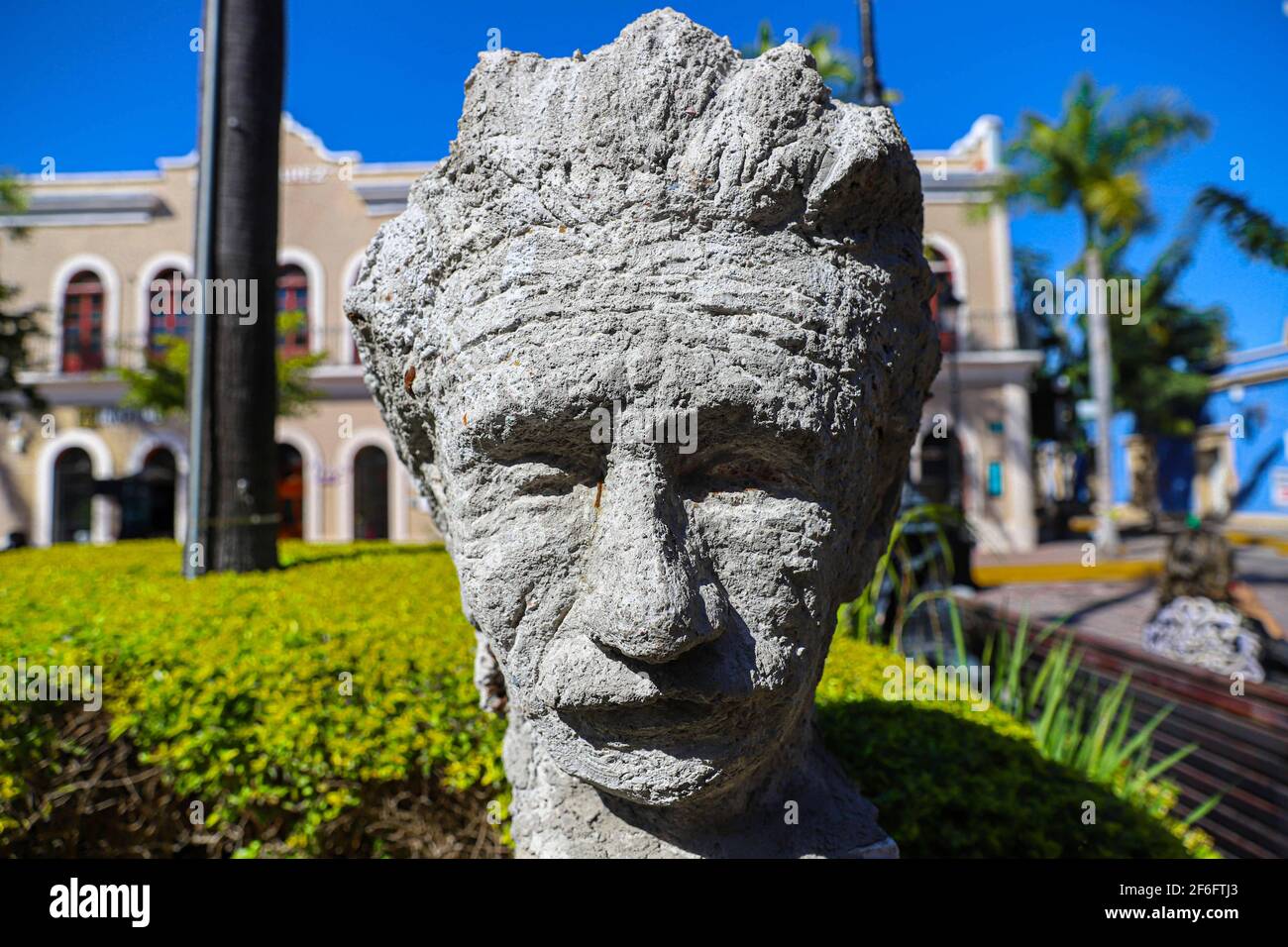 Albert Einstein, stone bust in the plaza in Mazatlan, Sinaloa. Machado ...