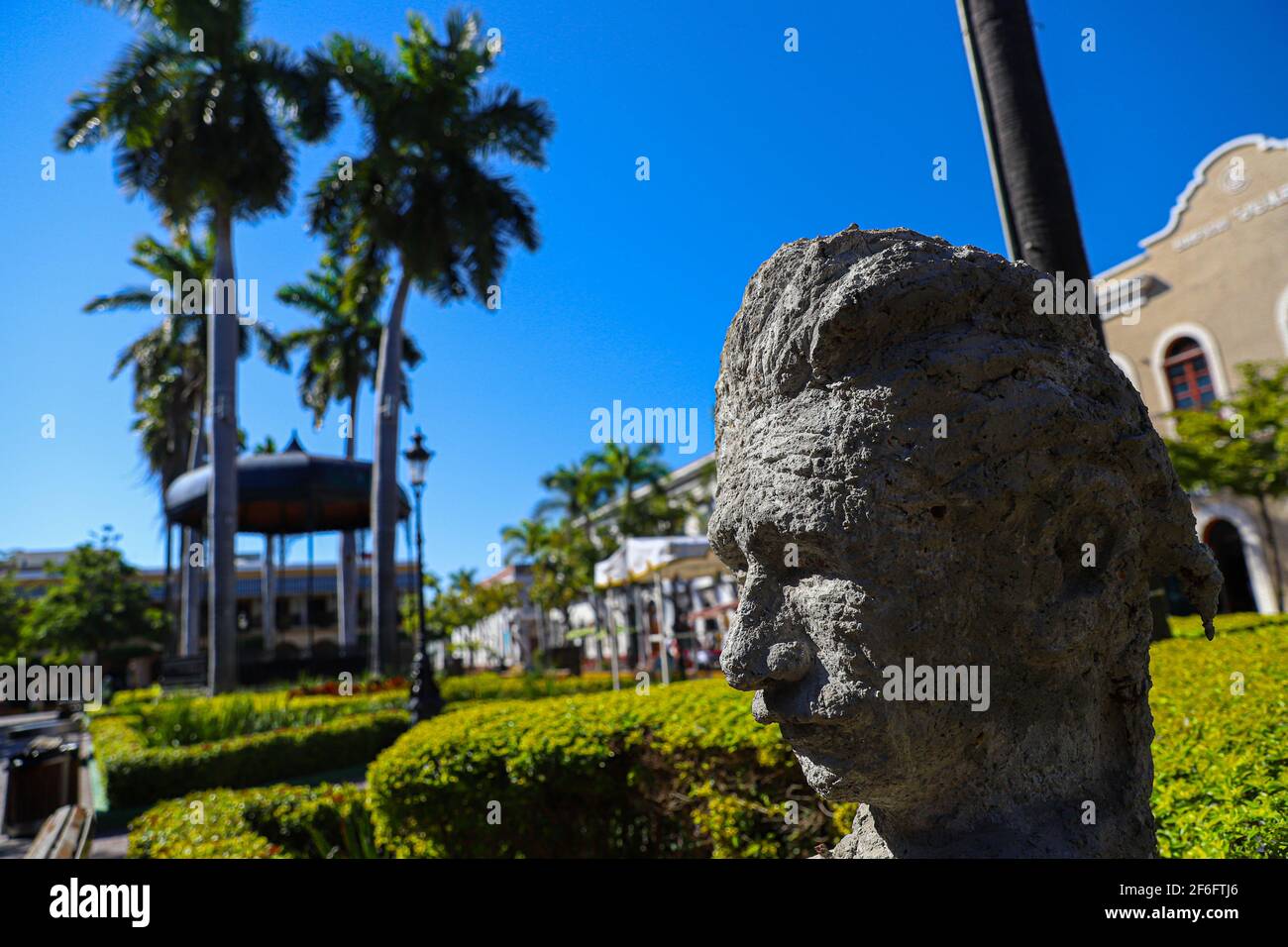 Albert Einstein, stone bust in the plaza in Mazatlan, Sinaloa. Machado ...