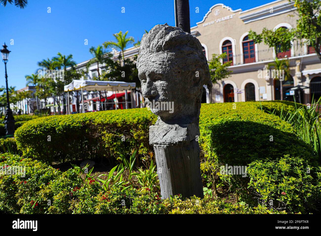 Albert Einstein, stone bust in the plaza in Mazatlan, Sinaloa. Machado ...