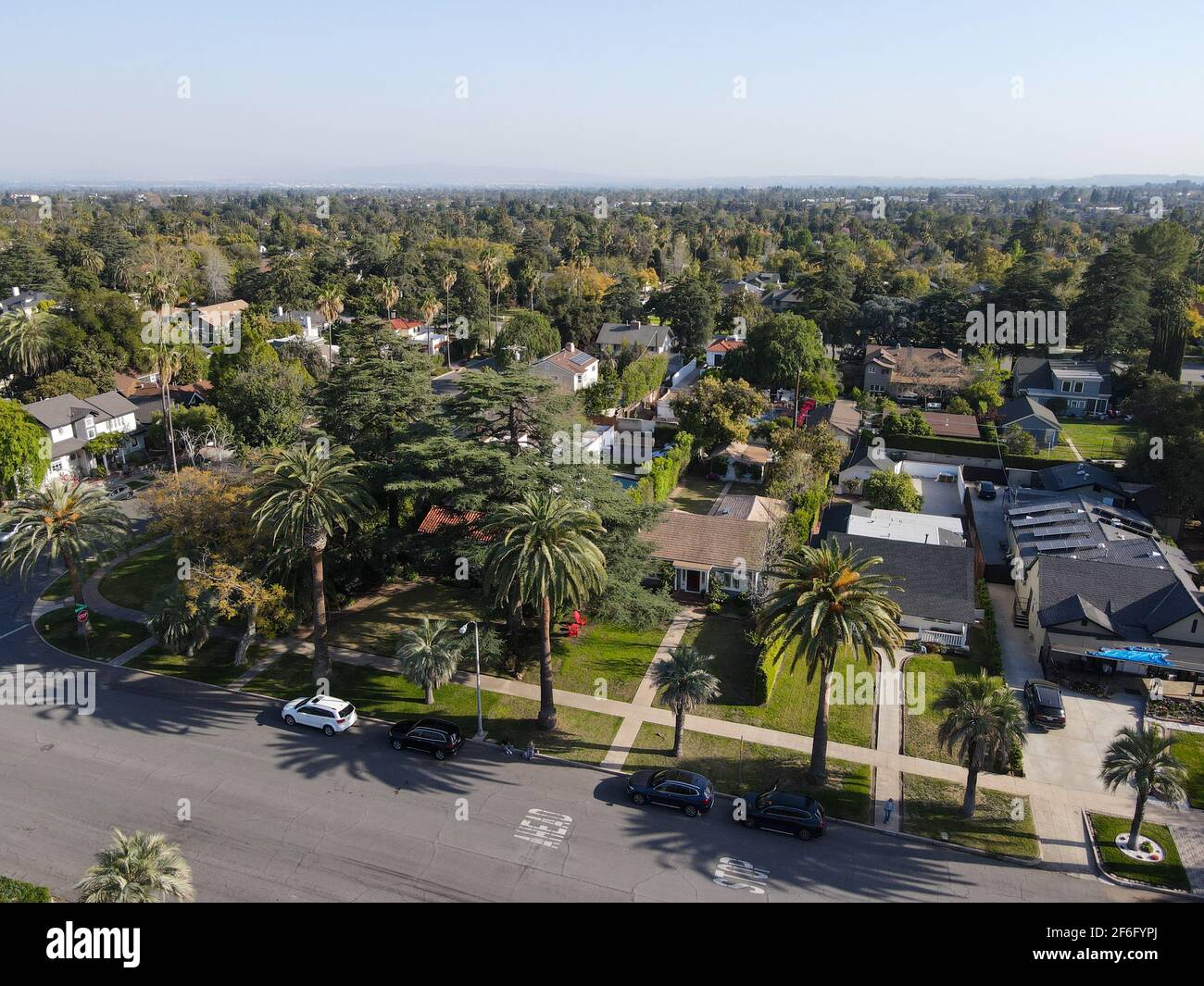 Aerial view above Pasadena neighborhood in northeast of downtown Los ...