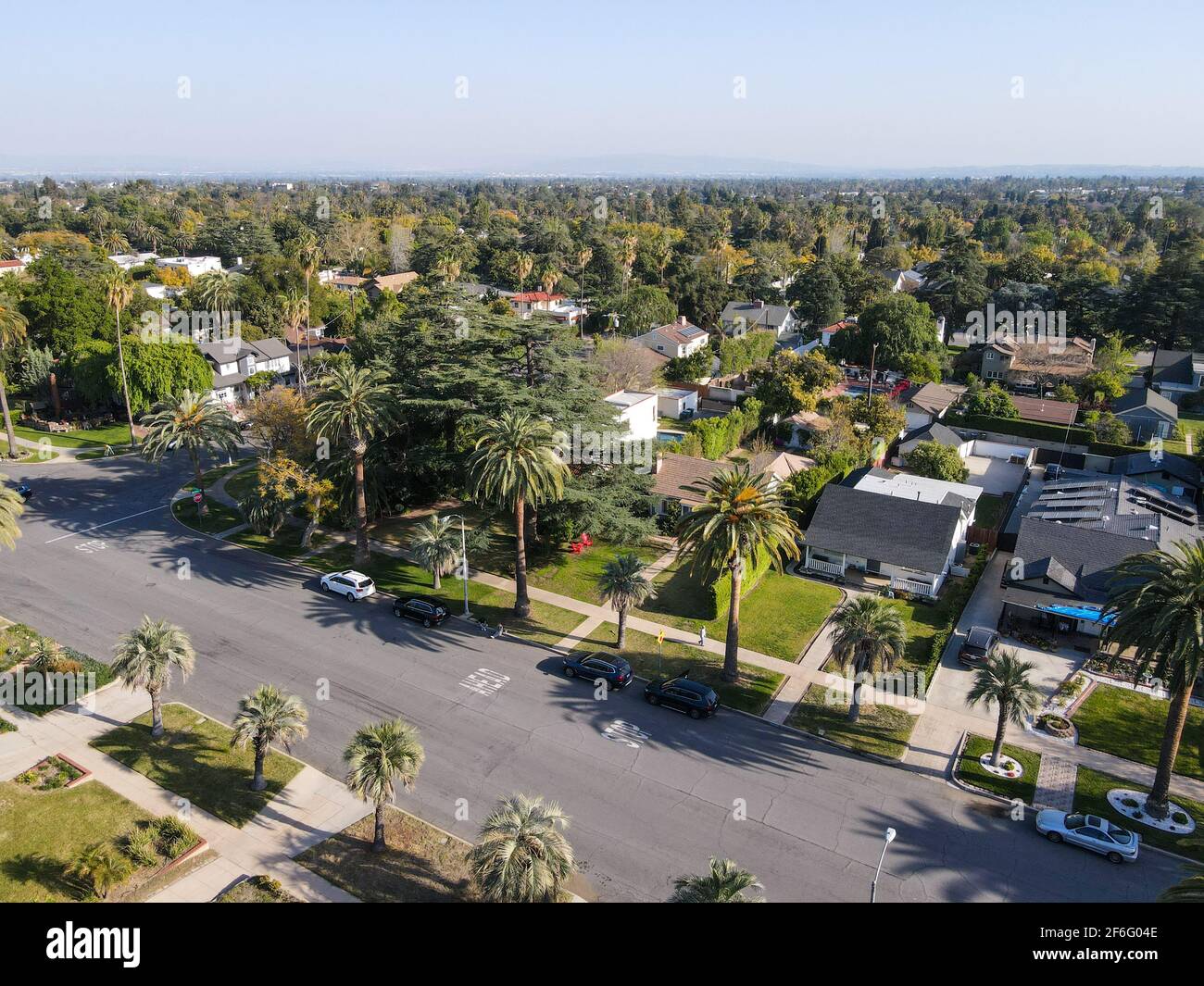Aerial view above Pasadena neighborhood in northeast of downtown Los ...