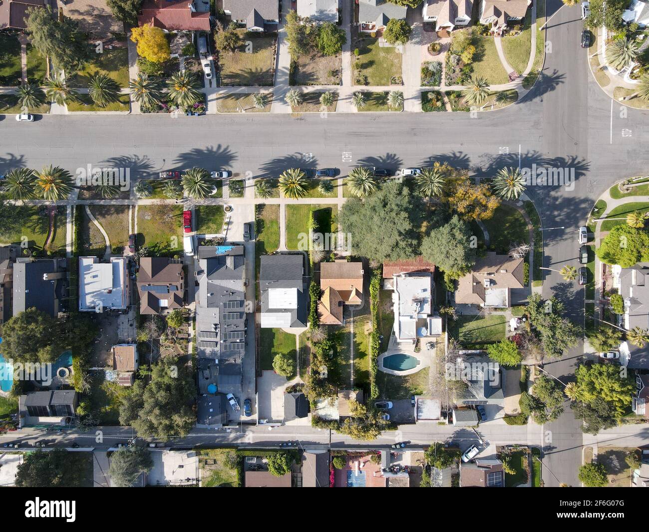 Aerial top view of Pasadena neighborhood in northeast of downtown Los ...