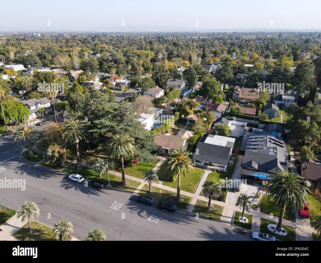 Aerial view above Pasadena neighborhood in northeast of downtown Los ...