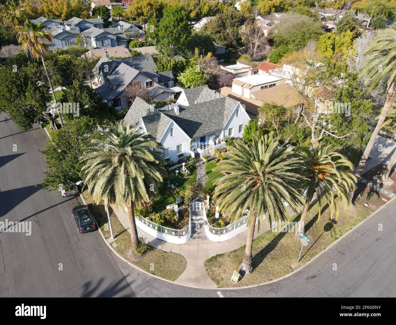 Aerial view above Pasadena neighborhood in northeast of downtown Los ...