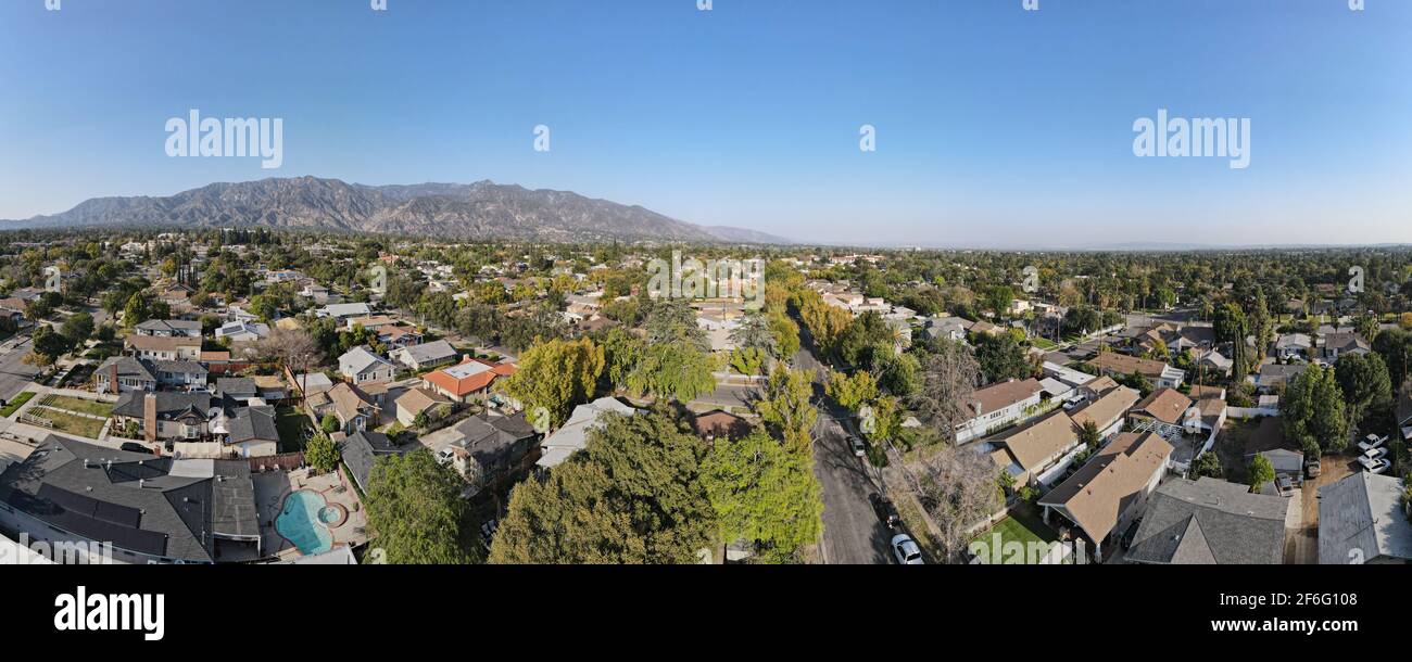 Aerial view above Pasadena neighborhood in northeast of downtown Los ...