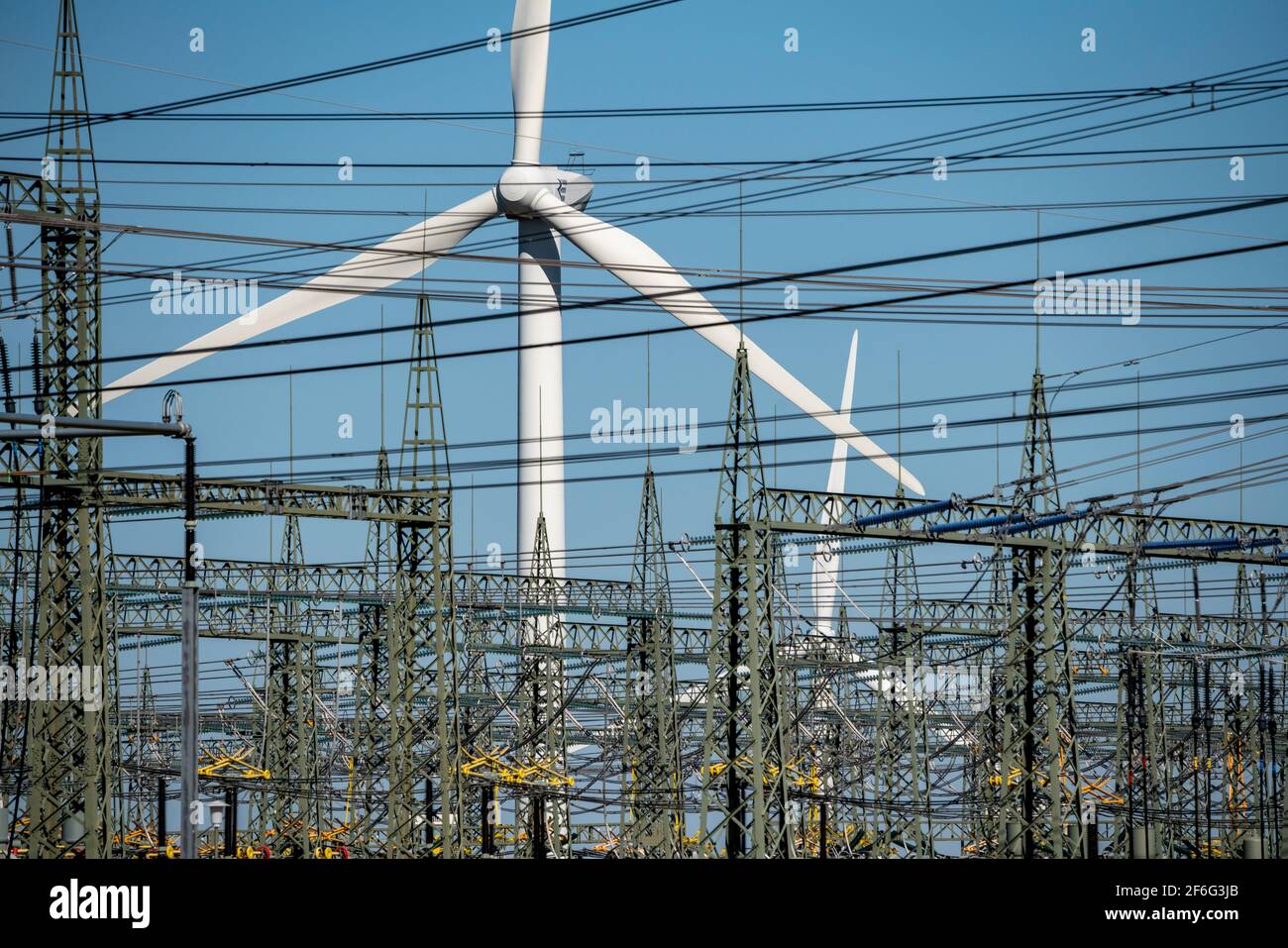 Part of a line route, 380 KV extra-high voltage line, wind turbine ...
