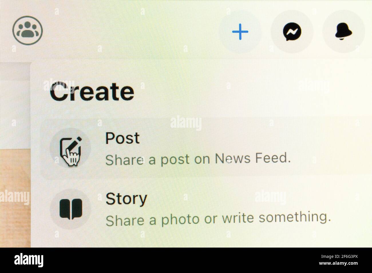 Facebook social media website, Create Post and Stora 'plus' button on ...