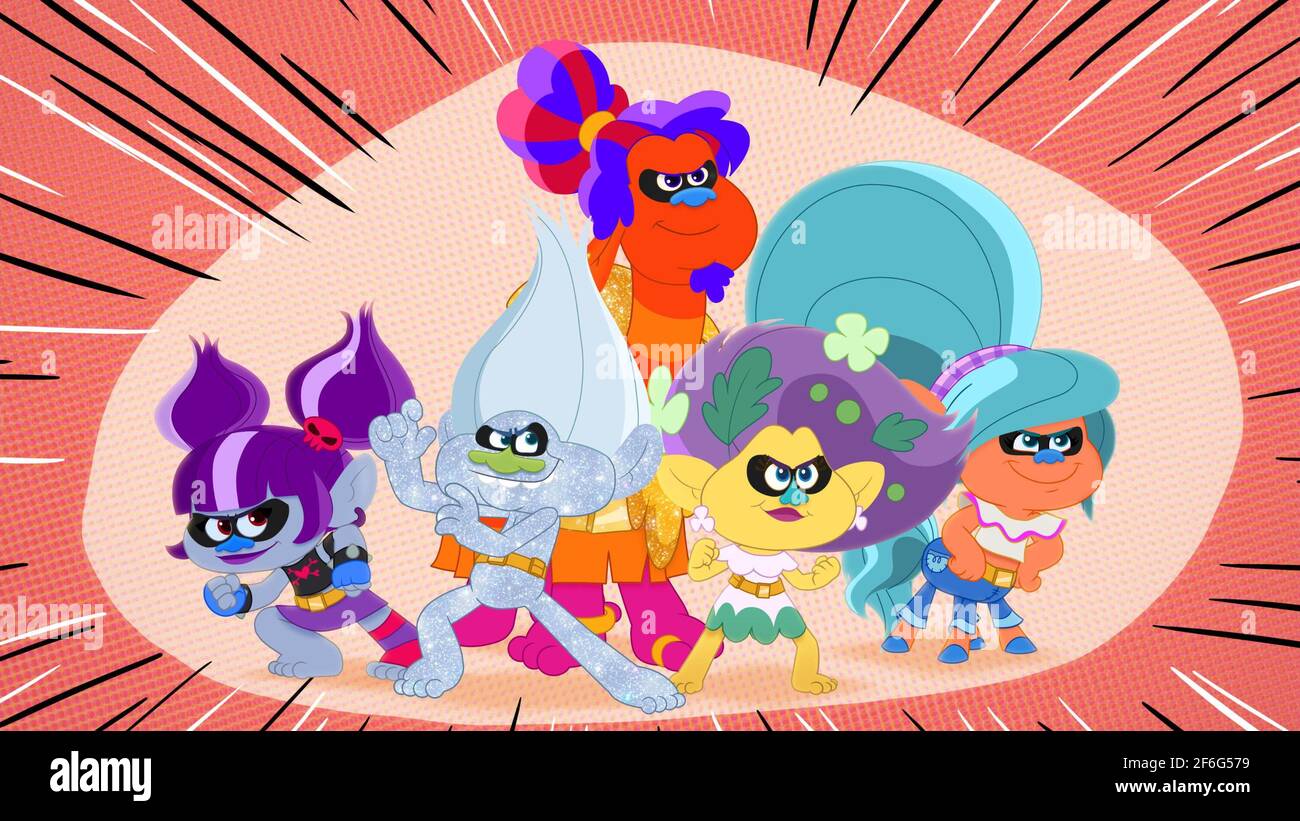 TROLLSTOPIA, (aka TROLLS TOPIA), first 3 from left: Val Thundershock (voice: Lauren Mayhew), Guy ...