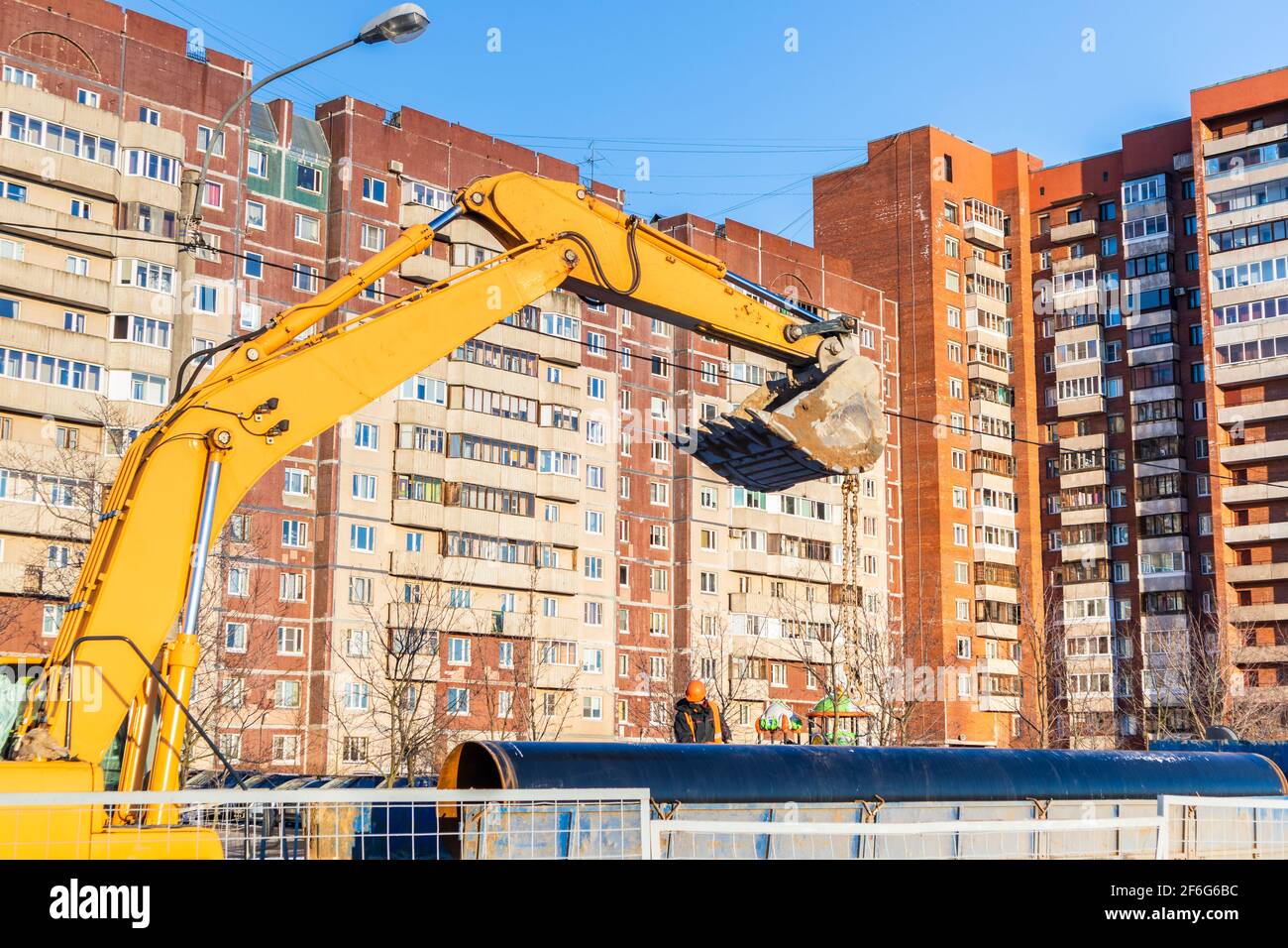excavator ladle laying pipes work construction dig city repair Stock ...