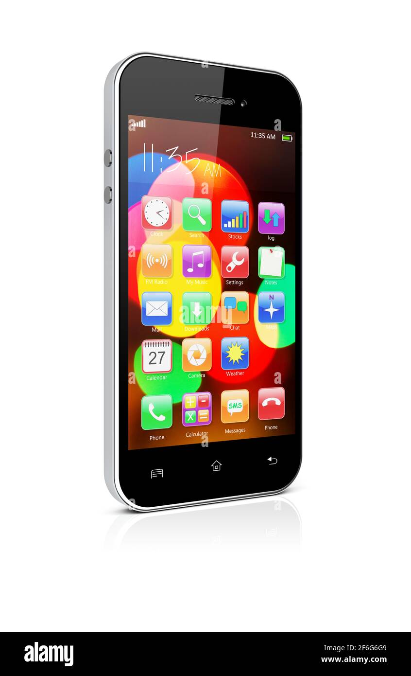Mobile smart phone with colorful bokeh wallpaper and apps on a screen ...