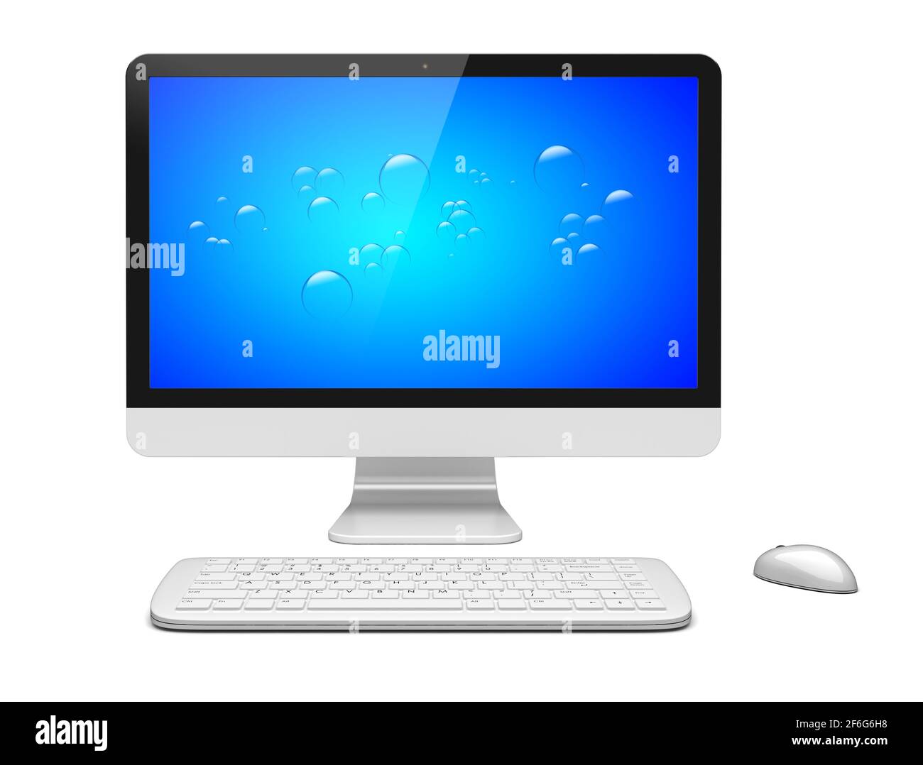 Desktop pc computer with large wide monitor with blue background on a ...