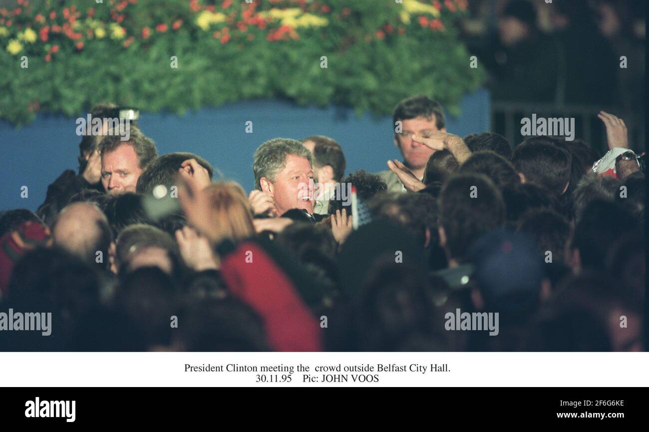Bill Clinton meeting the crowd outside Belfast City Hall duirng his ...