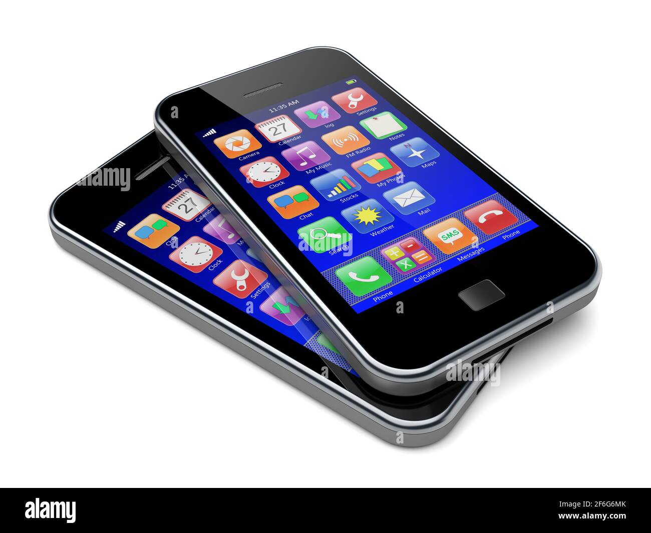 Mobile smart phones with blue screen and colorful apps. 3d image Stock ...