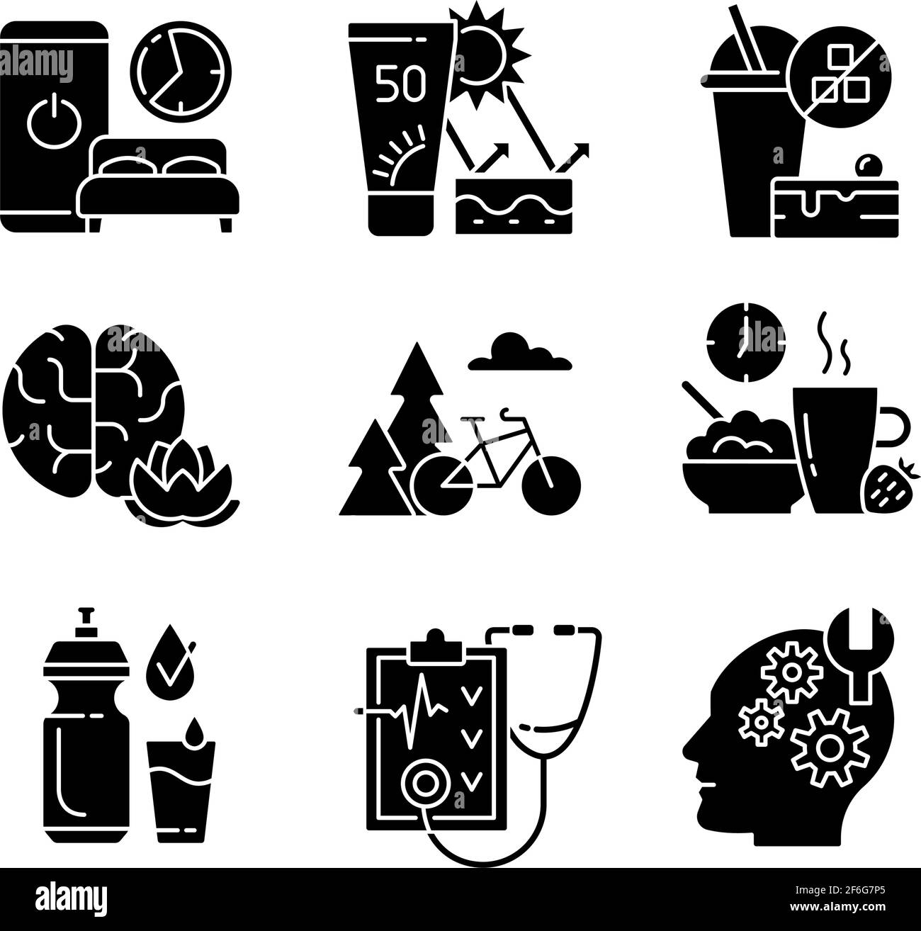 Healthy habits development black glyph icons set on white space Stock ...