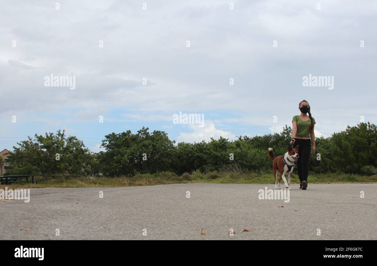 Woman running with her dog in the new normal Stock Photo - Alamy