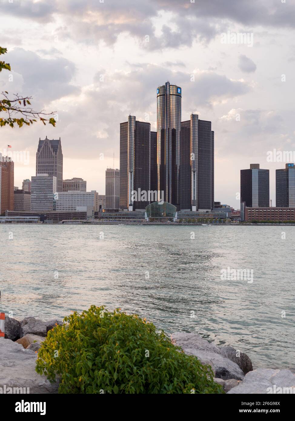 Renaissance Center Detroit lit by a setting sun: The towers of the ...