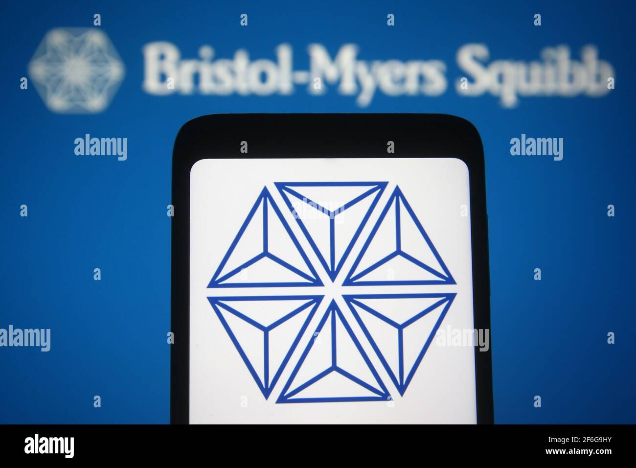 In this photo illustration, the Bristol Myers Squibb logo of the US pharmaceutical company seen ...