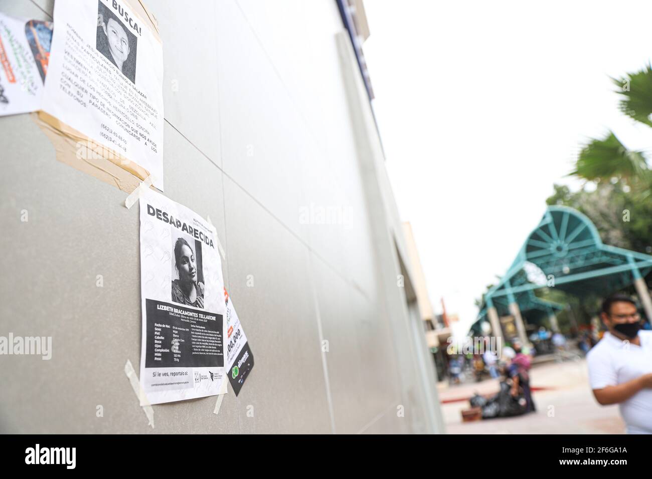 Posters with photographs of missing persons taped to a wall in downtown ...