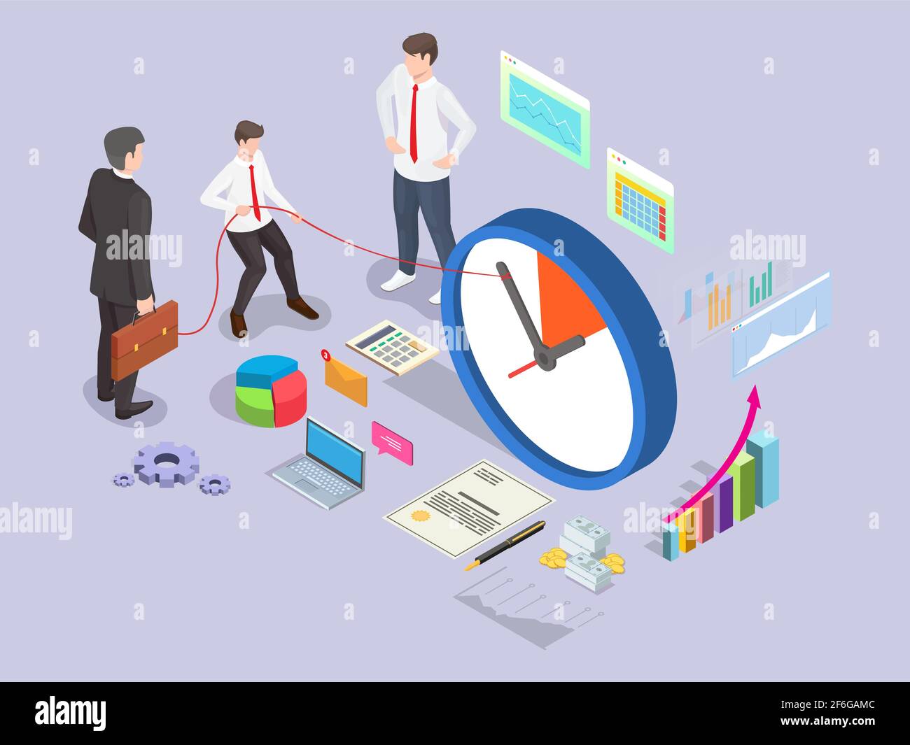 Businessman turning clock arrow back, flat vector isometric ...
