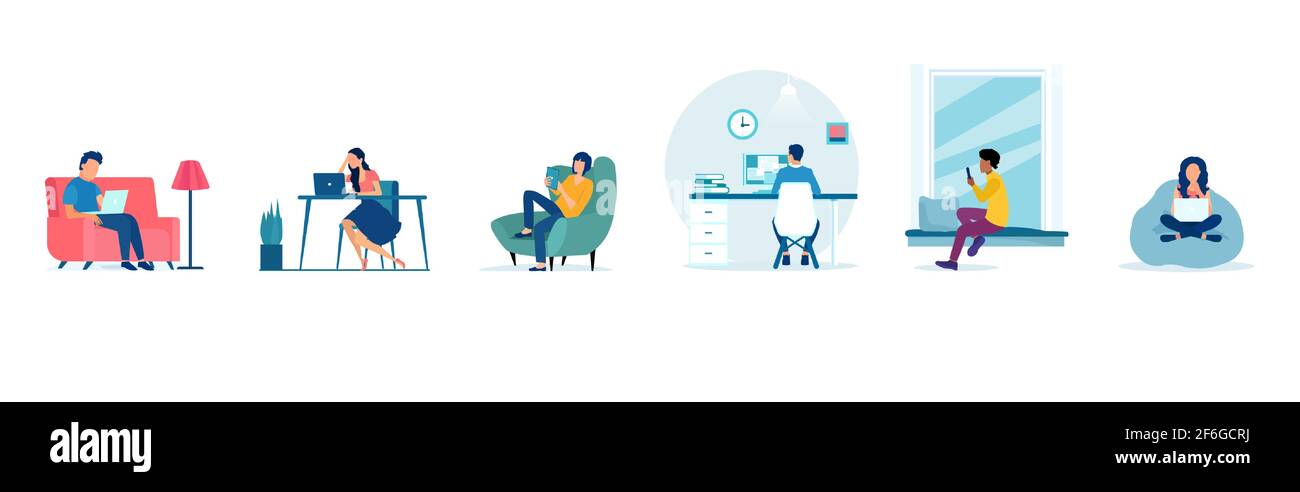 Vector of young people working at home, man and woman freelancing using ...