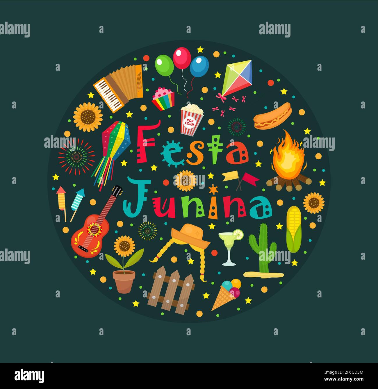 Festa Junina set of icons in a round shape. Brazilian Latin American ...