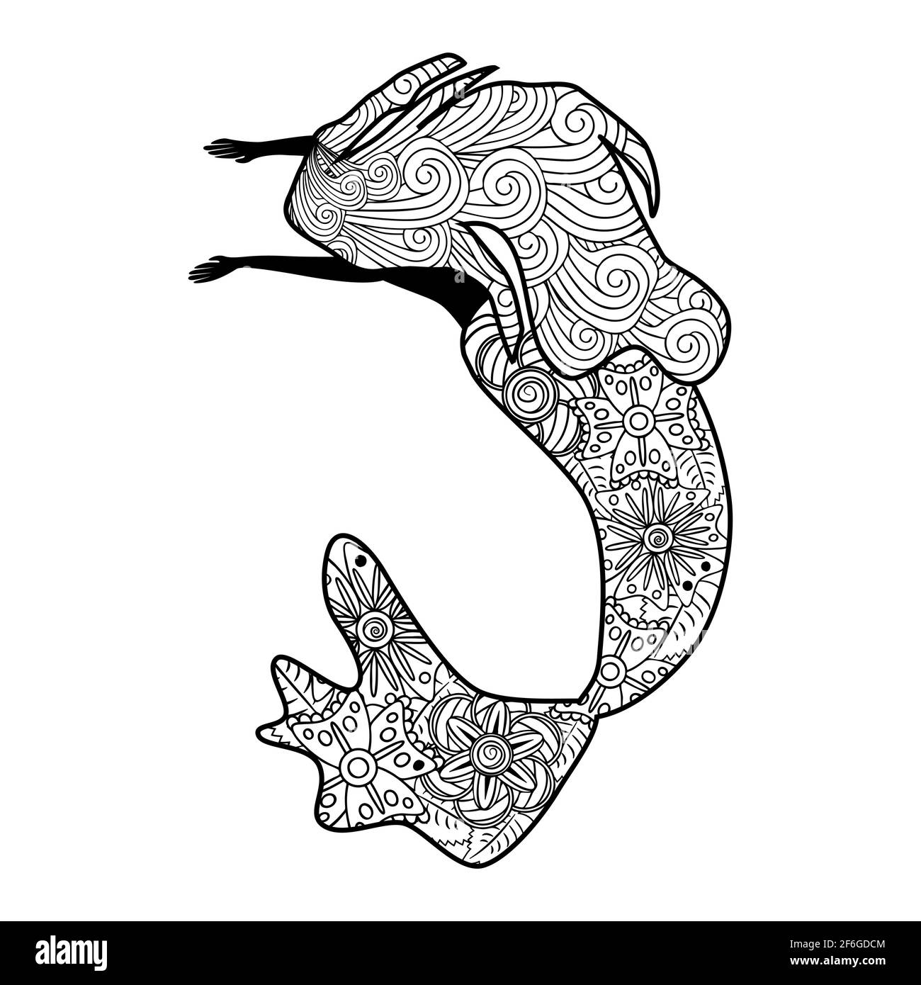 Beautiful mermaid in zentangle style, patterned mermaid tail, anti ...