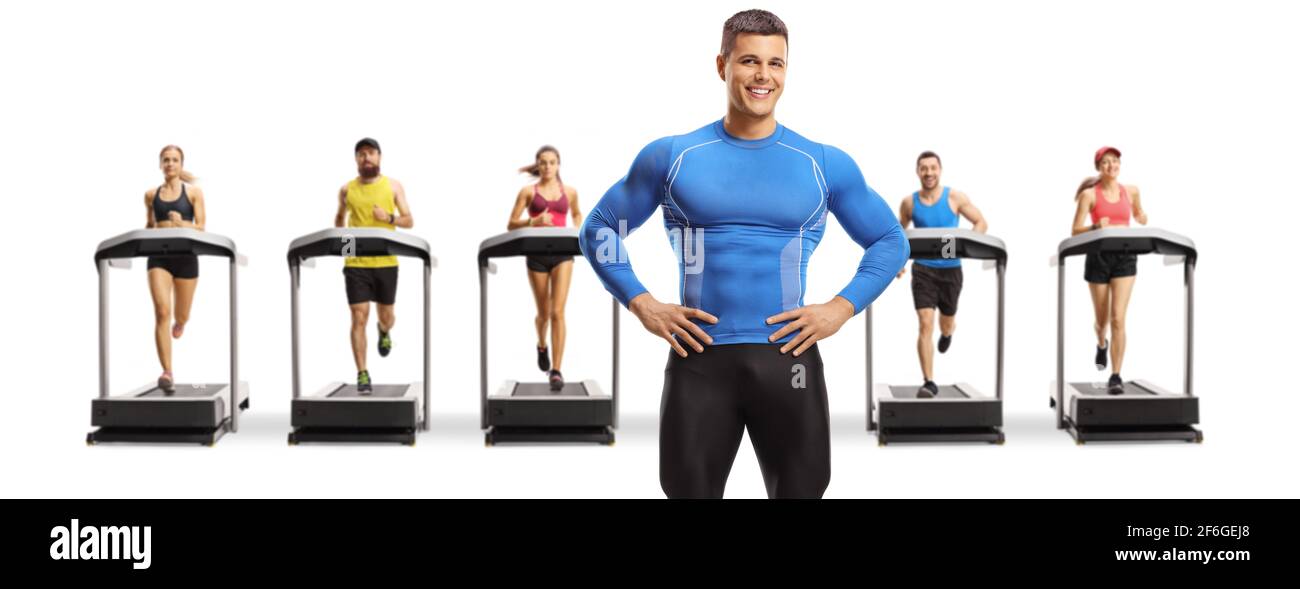 Bodybuilder posing and people running on treadmills in a row in the ...