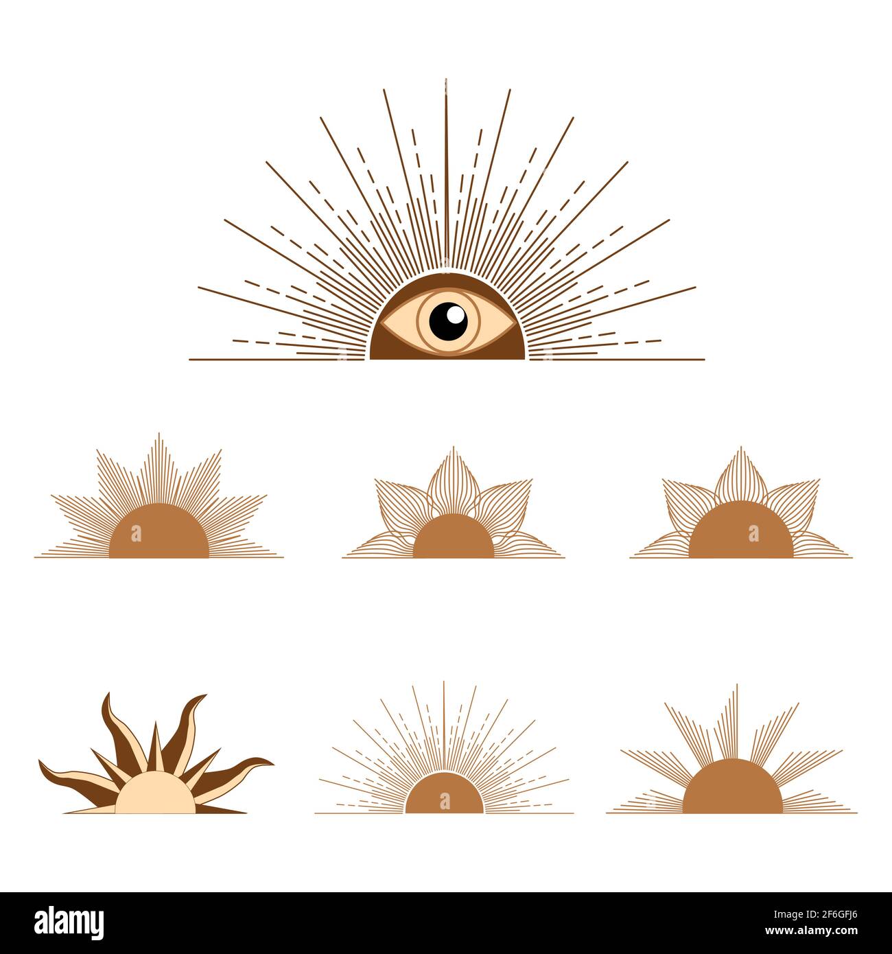 Magic concept, set vintage sun with face, gold, trending beige ...