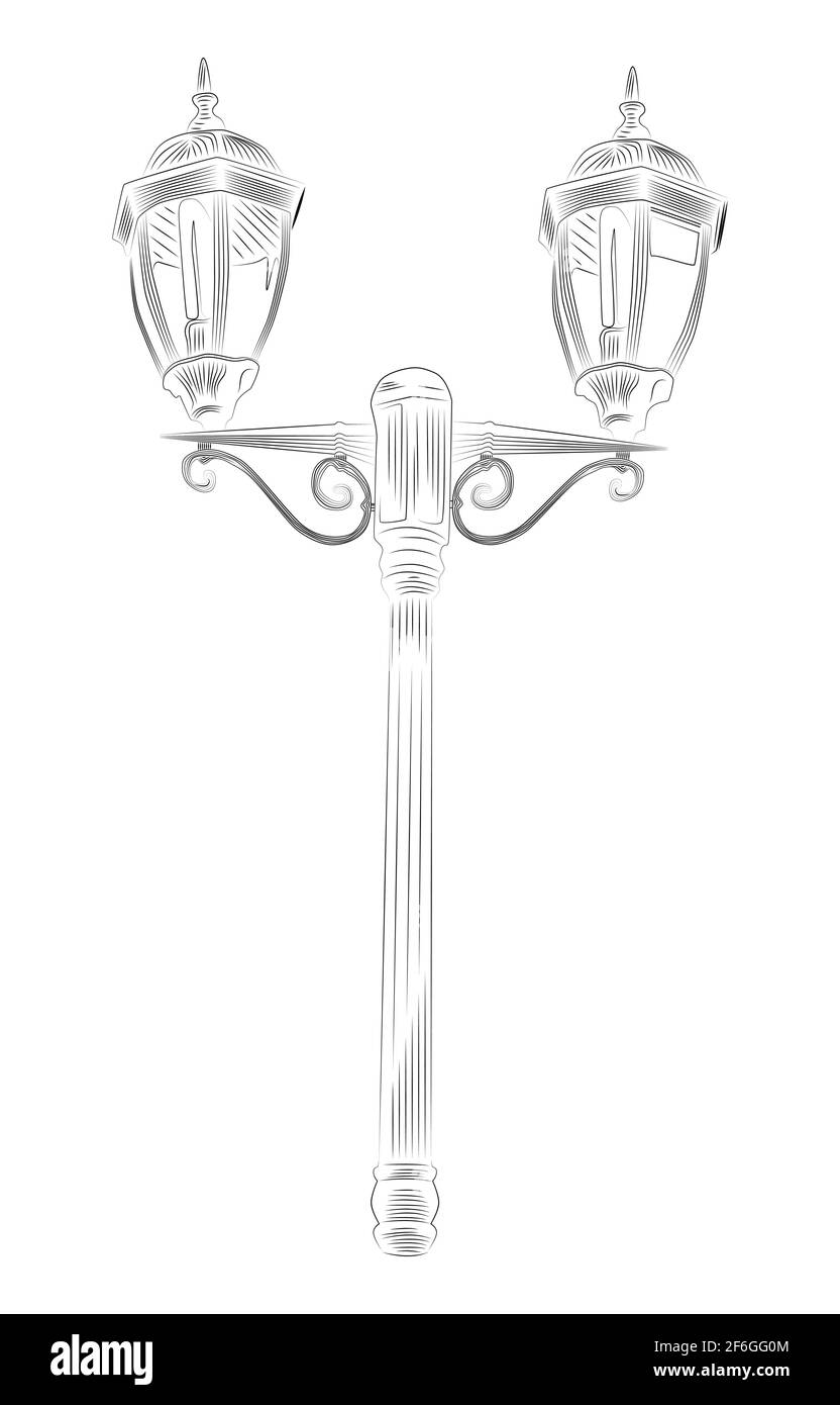 Street lamppost, hand-drawn, black and white drawing with flowers Stock ...