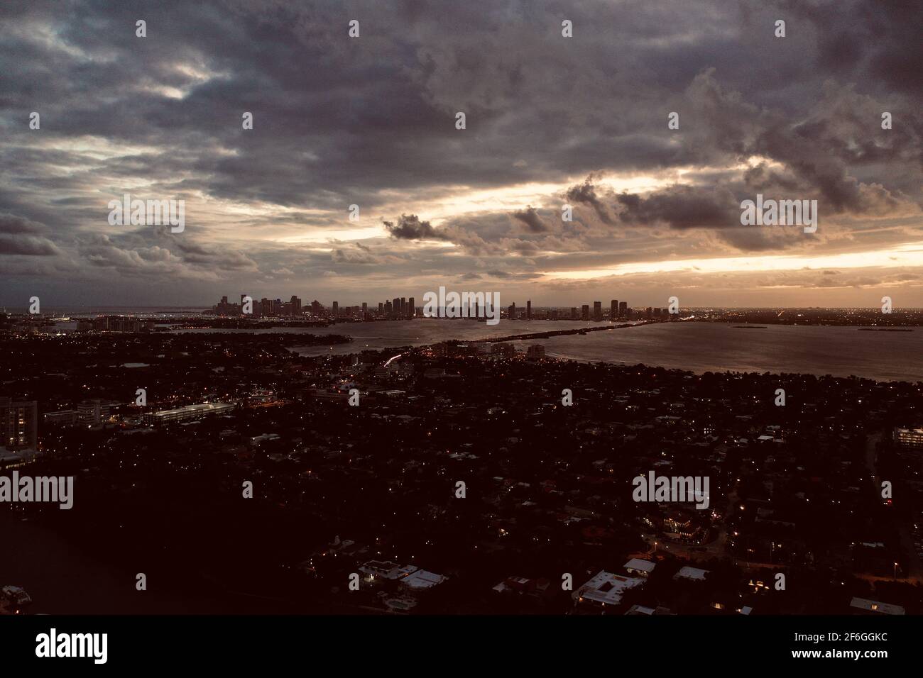 Cloudy Fall Sunset Behind Miami from Miami Beach With Biscayne Bay ...