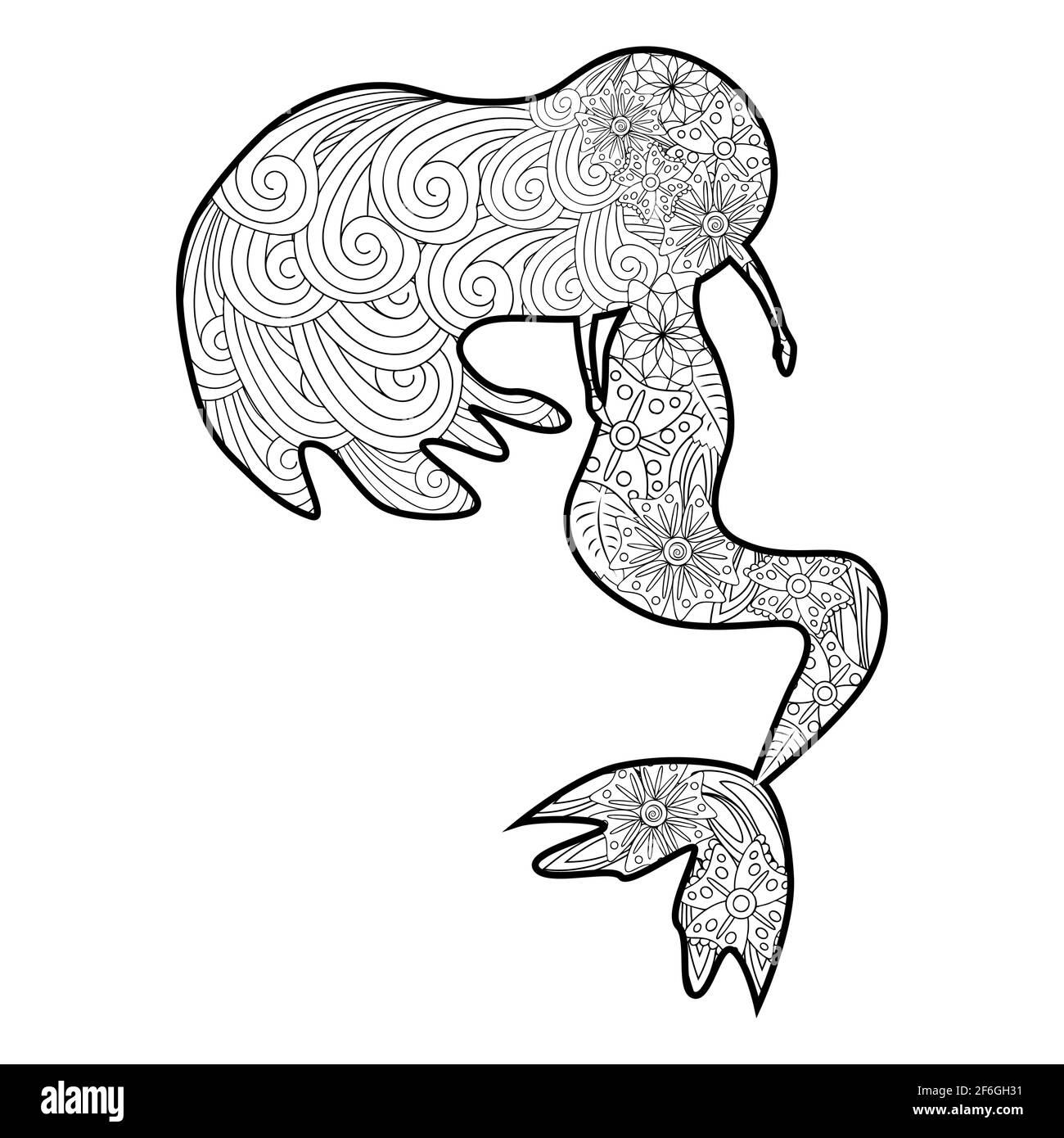 Beautiful mermaid in zentangle style, patterned mermaid tail, anti ...